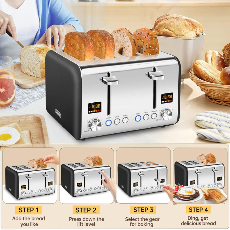 seedeem Toaster 4 Slice, Stainless Steel Bread Toaster LCD Display, 7 Bread Shade Settings, 1.4 ...